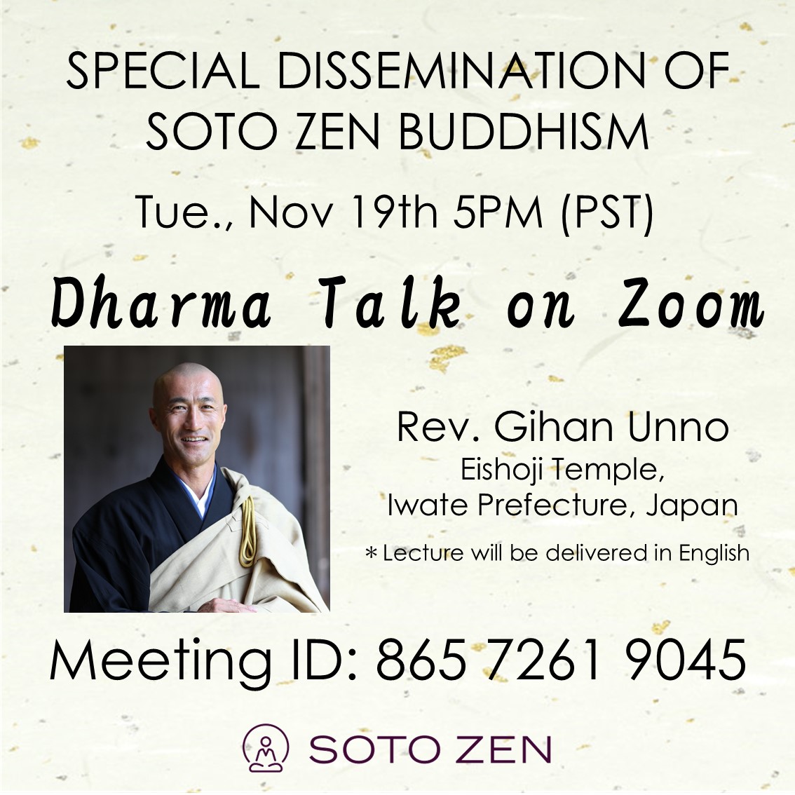 Dharma Talk on Zoom - SOTO ZEN Buddhism North America